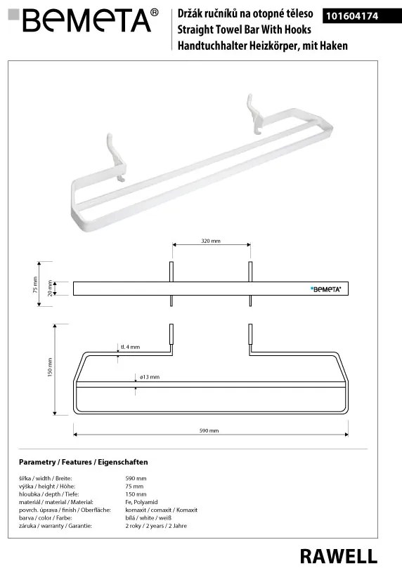 Bemeta Design RAWELL: Držák ručníků na topné těleso 320 mm, bílá -