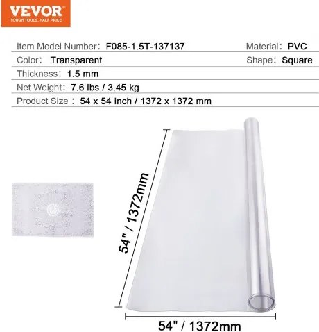 PVC chránič stolu 137,2 × 137,2 cm průhledný plastový o tloušťce 1,5 mm