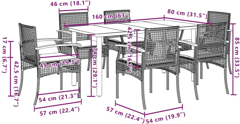7dílný zahradní jídelní set s poduškami černý polyratan 3213607