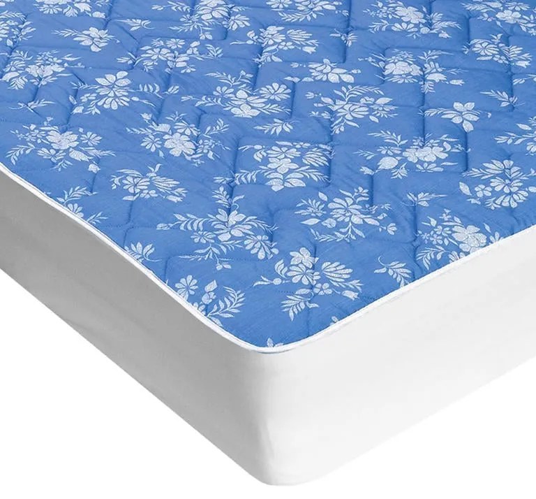 Prošívaný chránič matrace s aloe vera modrý s bílými květy 90 x 200 cm