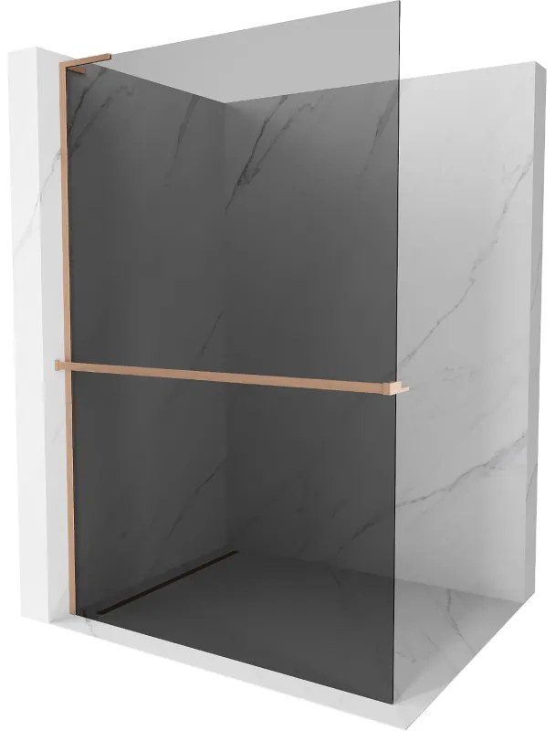 Mexen Kioto+ L, sprchová zástěna Walk-In s poličkou a věšákem 100 x 200 cm, 8mm šedé sklo, měděný matný profil, 800-100-123-65-40