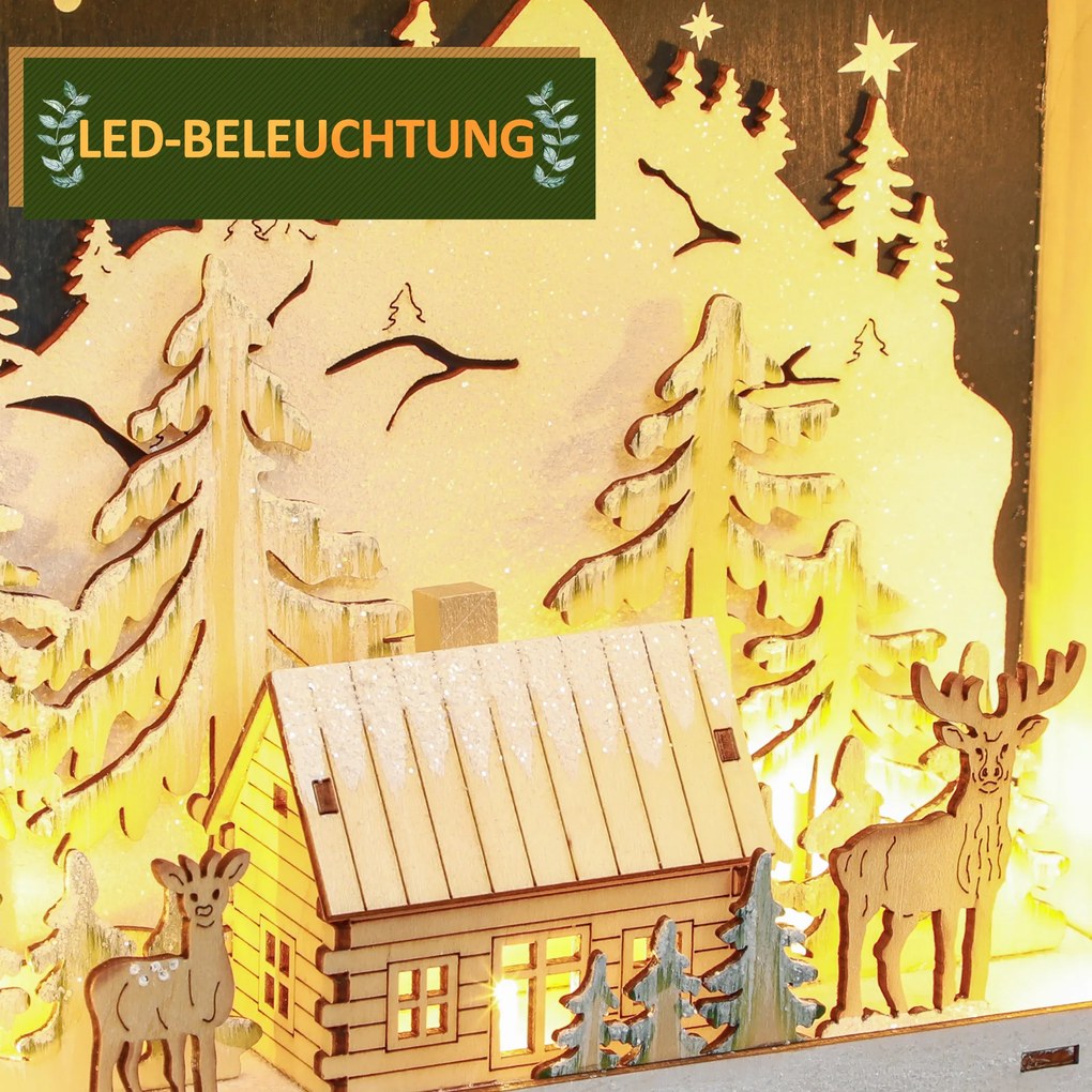 HOMCOM LED adventní kalendář s vesnickou scénou, 24 velkých zásuvek, MDF, 34 x 7 x 34 cm, červená