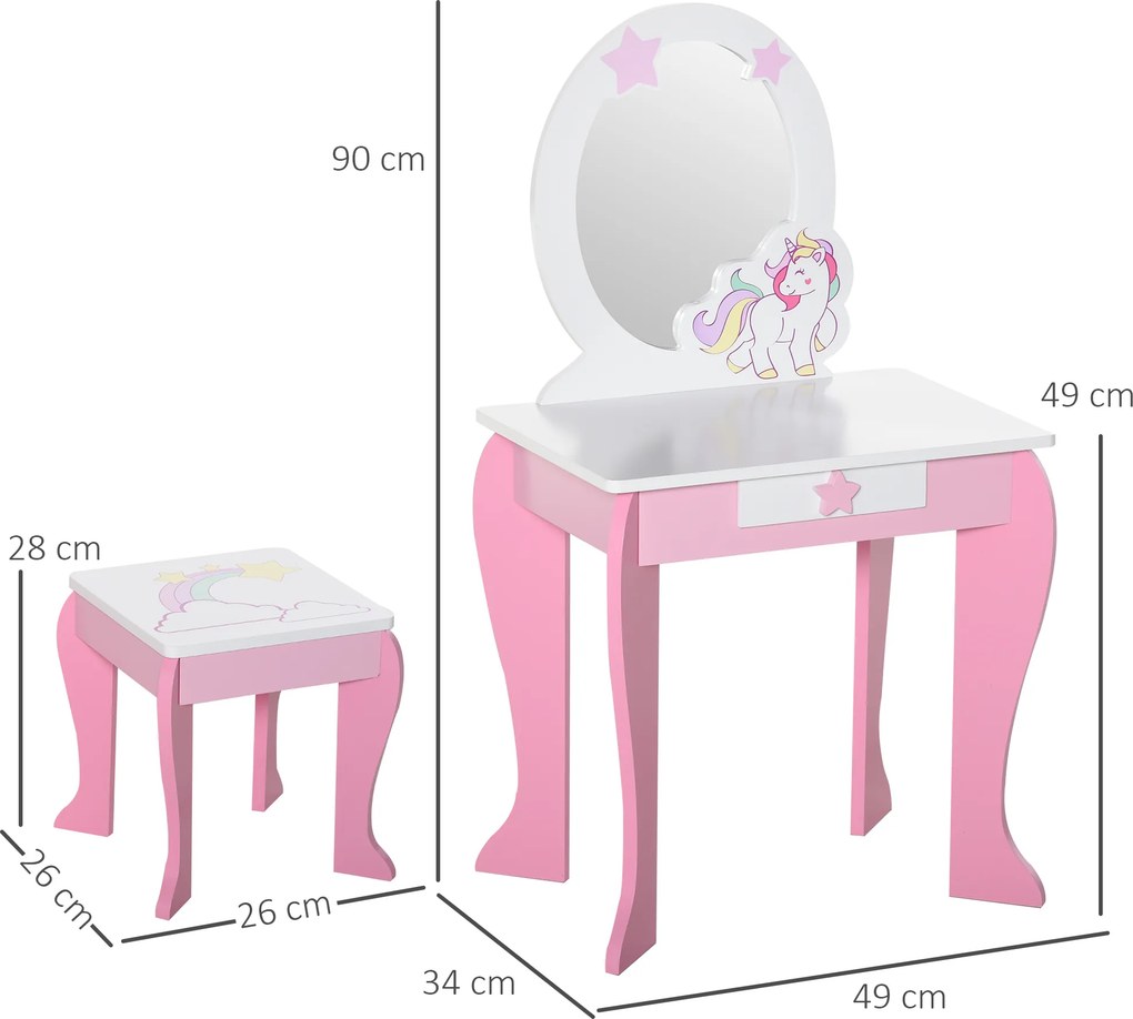 Dětský toaletní stolek s designem jednorožce HOMCOM - včetně stoličky - 49D x 34Š x 90V cm - zásuvka, zrcadlo - MDF - Růžová Bílá