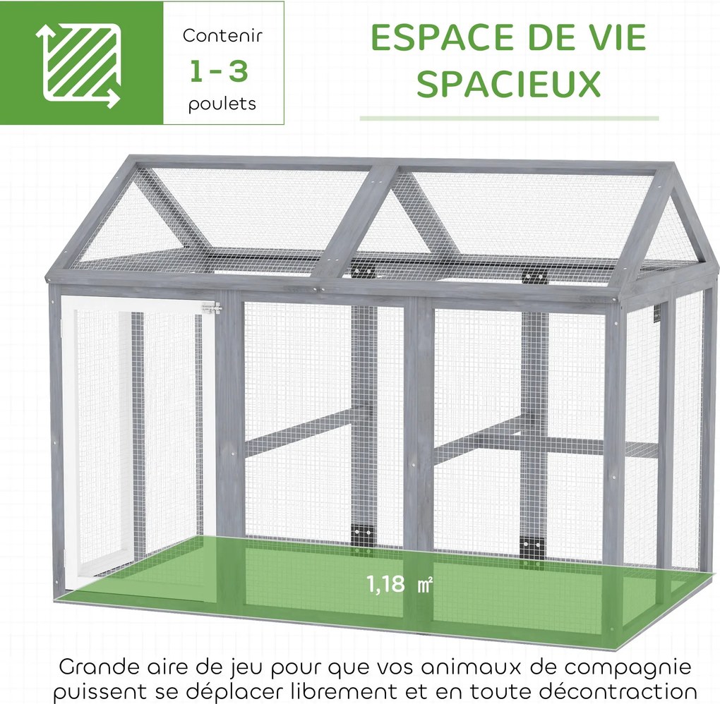 PawHut venkovní výběh pro slepice, 1,18 m² (140 x 88,5 x 106 cm), zamykatelné dveře, masivní smrkový rám, pletivo, pro 1–3 slepice, šedý