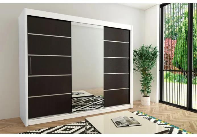 Velká zrcadlová šatní skříň s posuvnými dveřmi 250 v barvě bílá-wenge