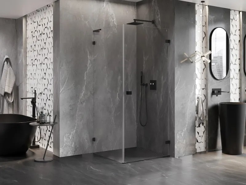 Mexen Lunar-B L výklopný sprchový kout pravý 90 x 90 cm, čiré sklo, černá matná, 832L-090-090-70-00-P