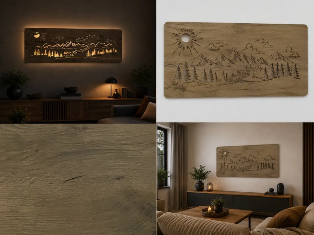 Li-Go "Hory, les" světelný obraz s baterií a pohybovým čidlem 120x40cm provedení povrchu: dub