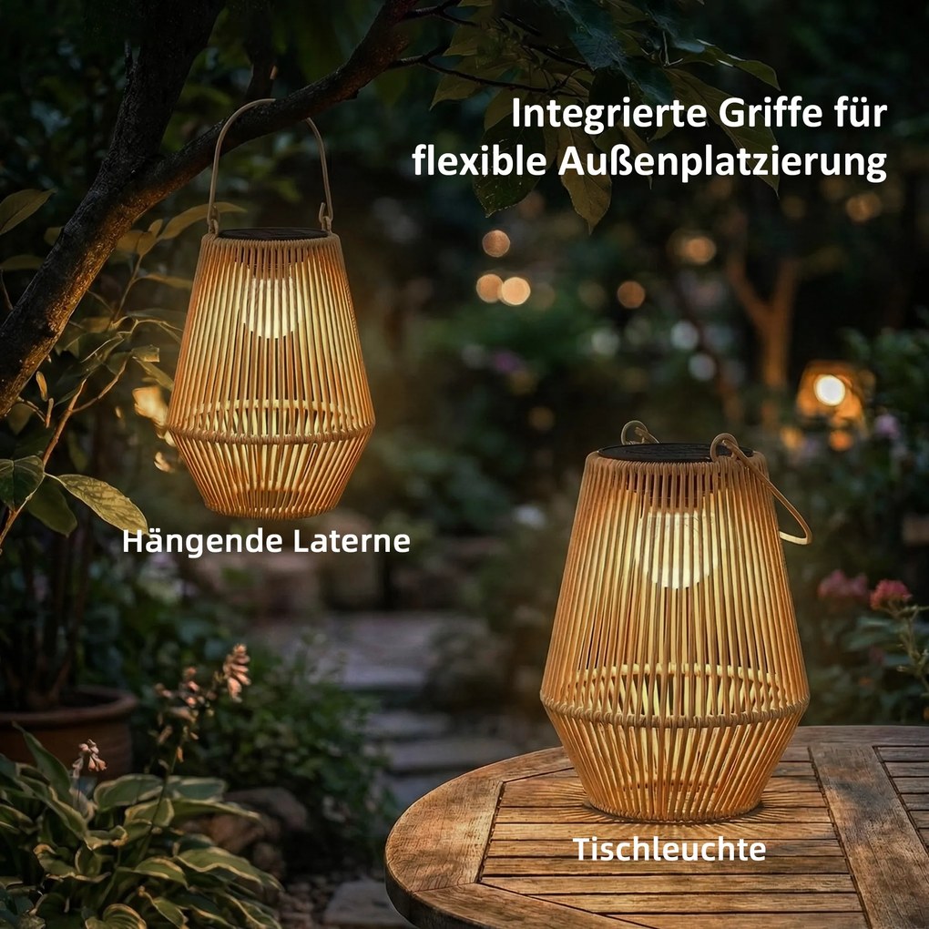 Outsunny Solární stojací lampa sada 2 ratanových závěsných solárních lamp se světelným senzorem IP44 vodotěsná solární lampa pro zahradu balkon hnědá