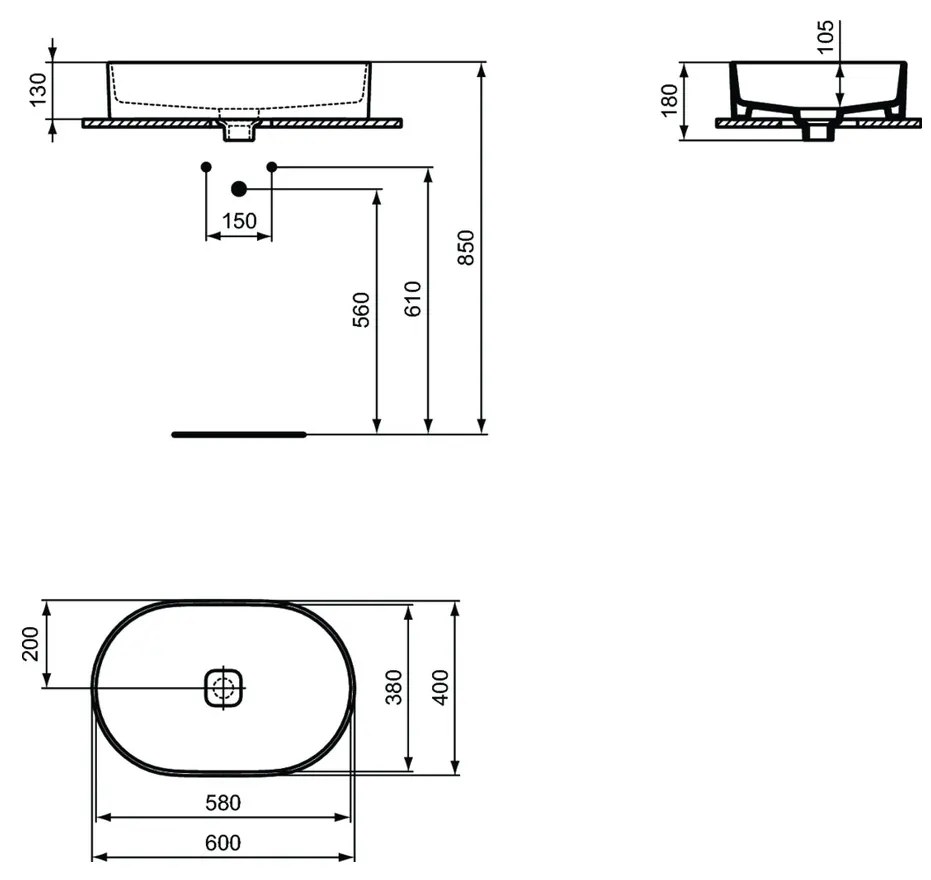 Ideal Standard Strada II - Umyvadlo na desku 600 x 400 mm, bez přepadu, bez otvoru, Bílá, T298101