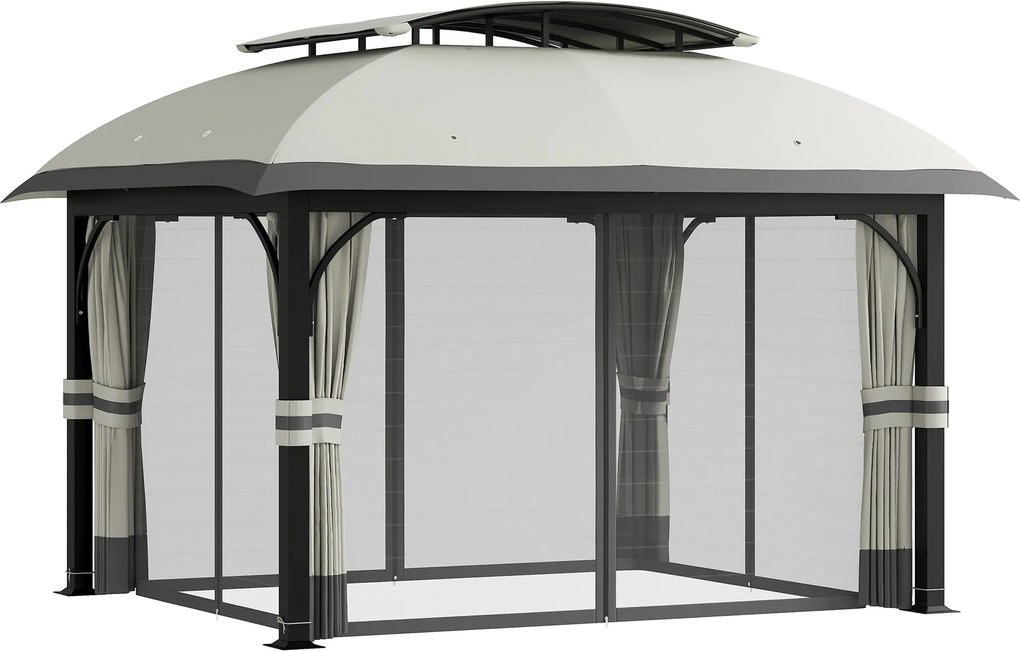 Outsunny Pavilón s Dvojitou Střechou, 4x3,3m Vodotěsný Pevný Zimní Zahradní Pavilón s Moskytiérou a Bočními Panely, Zahradní Pavilón z Pozinkovaného K