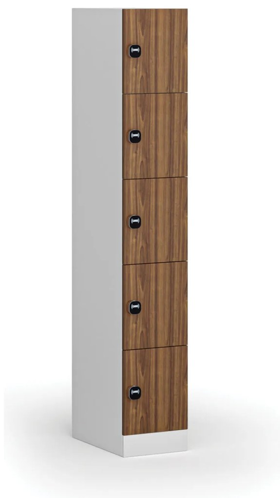 Šatní skříňka S1 s úložnými boxy, 5 boxů, 1850 x 300 x 500 mm, RFID zámek, laminované dveře, ořech