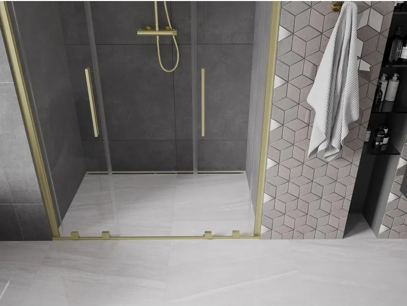 Mexen Velar L Duo, posuvné sprchové dveře do otvoru 140 cm, 8mm čiré sklo, zlatá matná, 871-140-003-02-55
