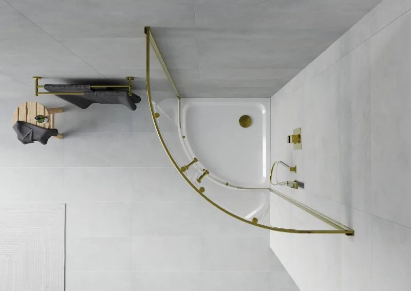Mexen Rio, čtvrtkruhový sprchový kout s posuvnými dveřmi 80 (dveře) x 80 (dveře) x 190 cm, 5mm čiré sklo, zlatý profil + bílá sprchová vanička SLIM, 863-080-080-50-00-4110G