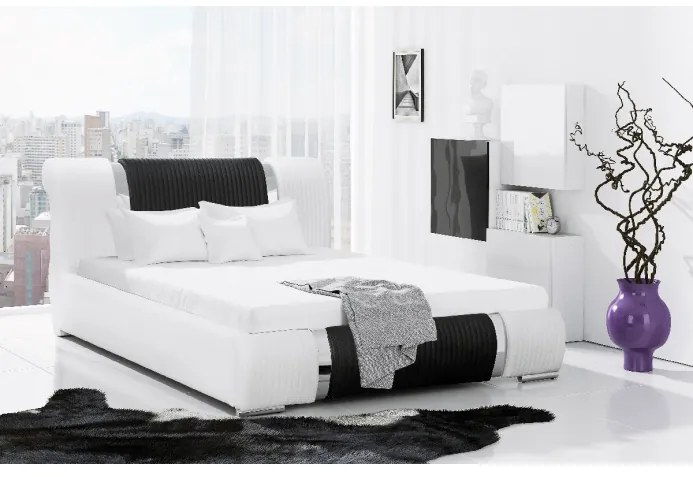 Luxusní postel Valentina s vysokým čelem a úložným prostorem bílá eko kůže 180 x 200