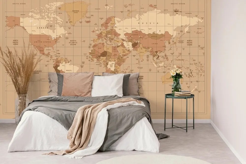 Tapeta mapa světa v béžovém odstínu - 300x200 cm