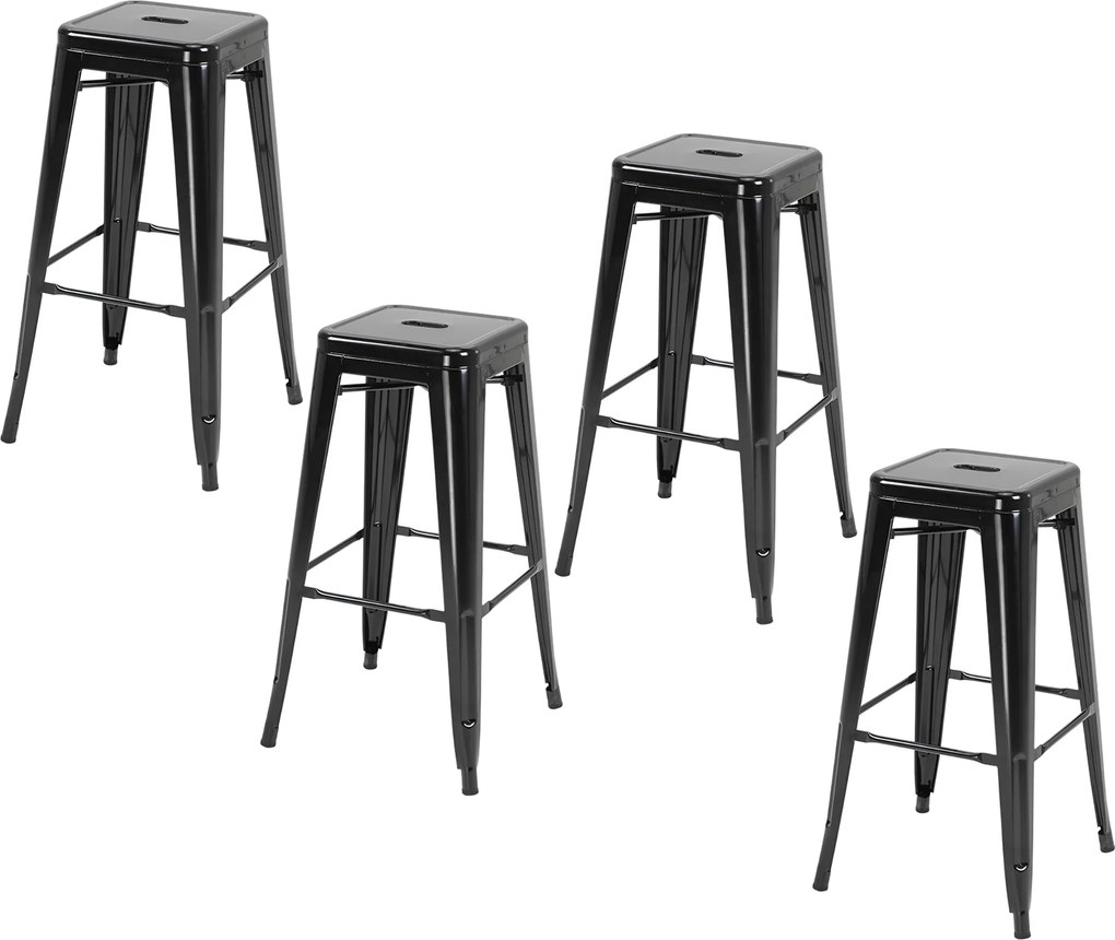 HOMCOM Set 4 stohovatelných barových židlí s opěrkou nohou, výška sedáku 76 cm, černý kov