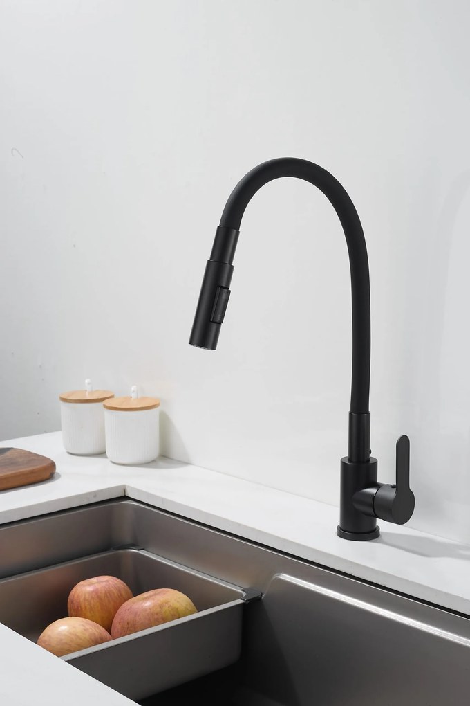 Gamma Flex 4000, stojánková dřezová baterie s flexibilním ramenem, 2-funkční výtok, černá matná, GMA-BFX-4000BK