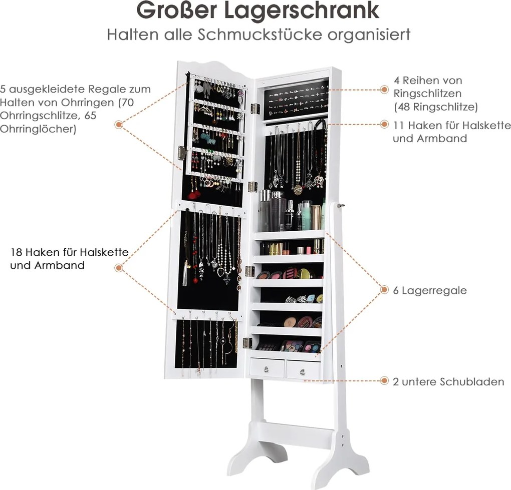 Costway Jewelry Cabinet Organizer na šperky se zrcadlovými dvířky po celé délce