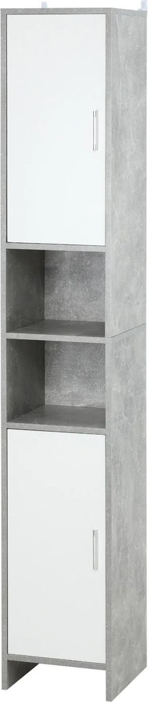 Kleankin Koupelnová Skříň s 2 Skříněmi a 2 Otevřenými Prostory, Vysoká Úsporná Skříň ve Vzhledu Betonového Dřeva, 30x30x180cm, Šedá | Aosom