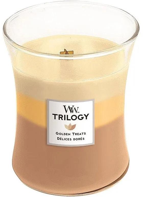 WoodWick Vonná svíčka WoodWick Trilogy - Golden Treats 275 g, béžová barva, krémová barva, sklo, dřevo, vosk