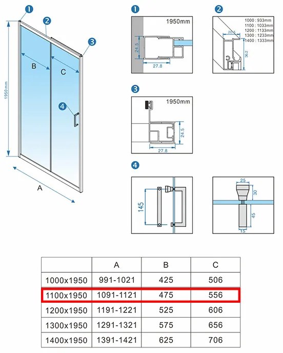 BPS-koupelny Posuvné sprchové dveře HYD-PD14B 110 černá/transparent pro instalaci do niky - bez vaničky
