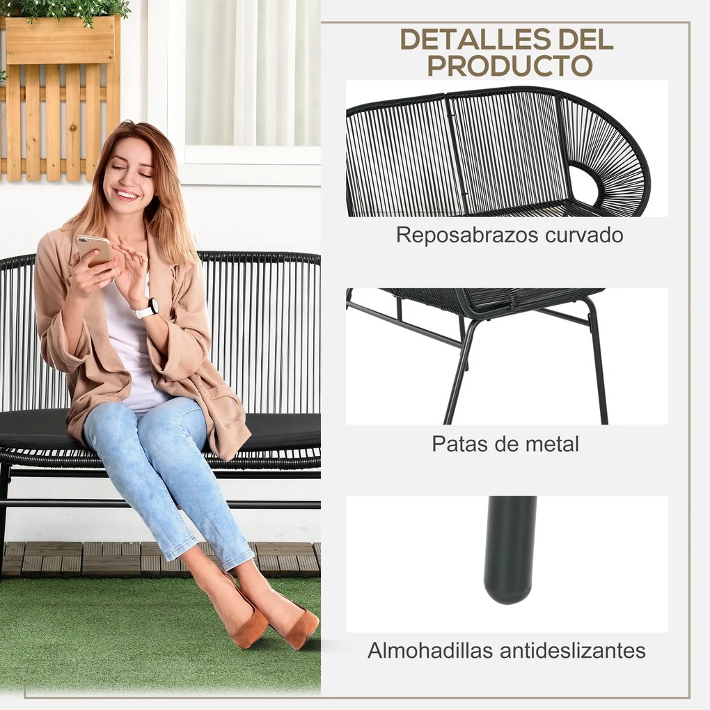 Outsunny 2-místná zahradní židle Acapulco s opěrkami, polstrováním a ocelovým rámem, nosnost 260 kg, pro balkon, terasu, patio, 132x72x83 cm, černá