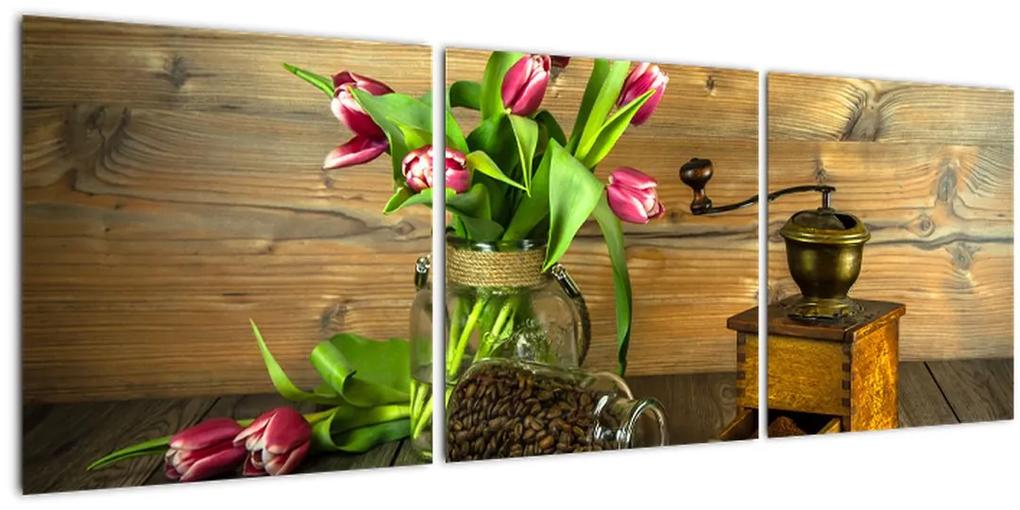 Obraz - tulipány, mlýnek a káva (120x40 cm), 40 dalších rozměrů