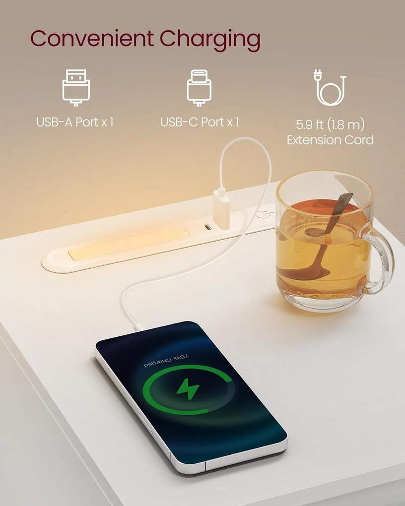 Úzký noční stolek s nabíjecí stanicí a LED osvětlením, s USB porty, bílý