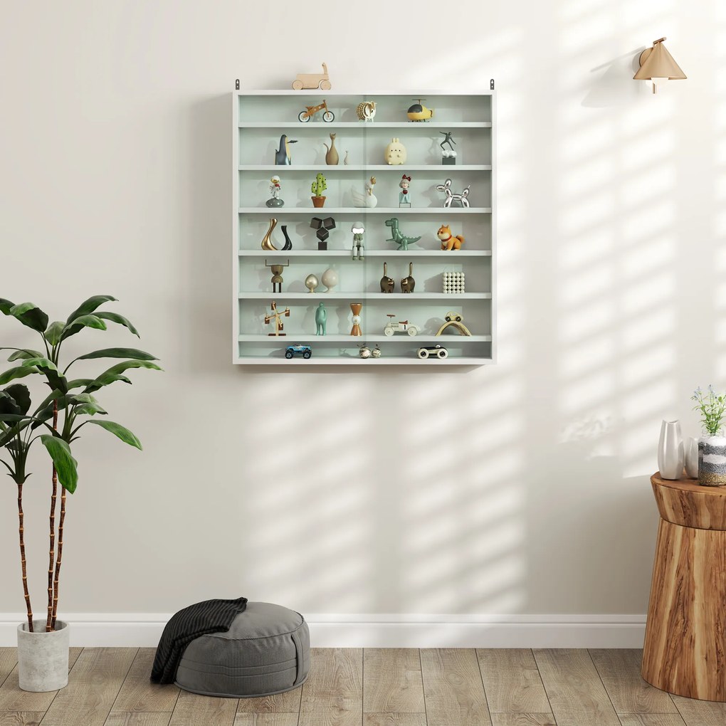 HOMCOM nástěnná vitrína na sběratelské předměty, 80 × 9,5 × 83 cm, 6 nastavitelných polic, 2 posuvné skleněné dveře, bílá — pro figurky a modelová au…