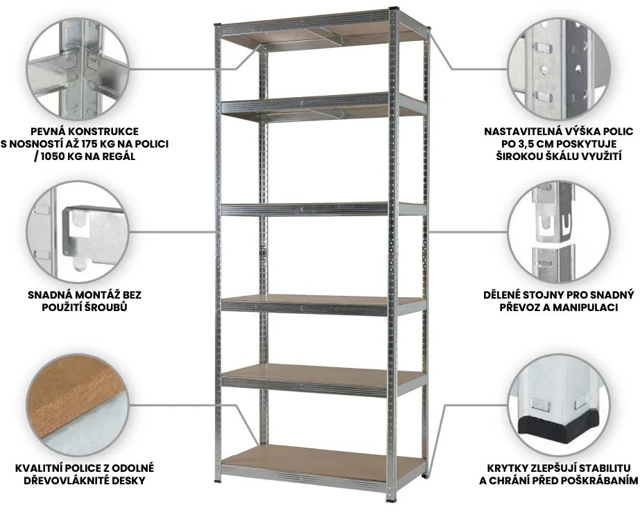 Fistar AKCE - Balíček : 5x Regál 2400x1200x500 mm kovový zinkovaný 6-policový, nosnost 1050 kg