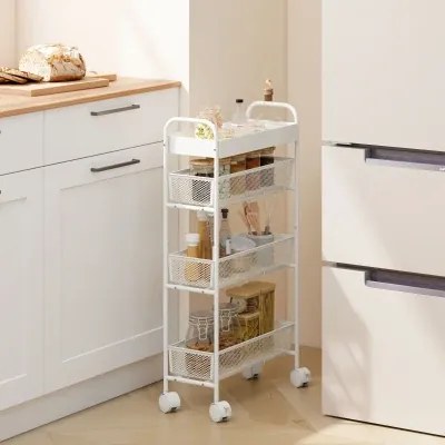 HOMCOM Kuchyňský vozík z kovu, 3 koše, úzký design, 4 kola, pro kuchyň, obývací pokoj, koupelnu, bílý