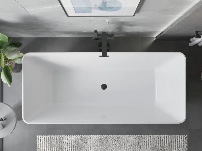 Mexen Velo Slim, volně stojící vana 170 × 75 cm, bílá lesklá, černý přepad, 52811707500-70