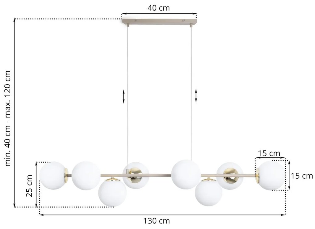 Závěsné svítidlo Florence, 8x bílé skleněné stínítko, g/be