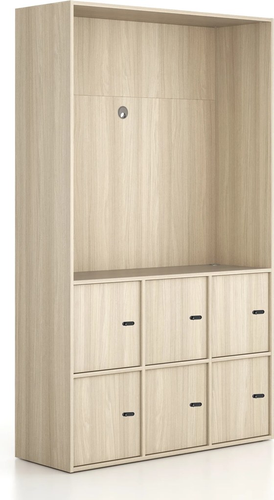 Kancelářská skříň FRAME, 6x dveře, prostor pro TV, 1299 x 450 x 2162 mm, mechanický kódový zámek, dub přírodní