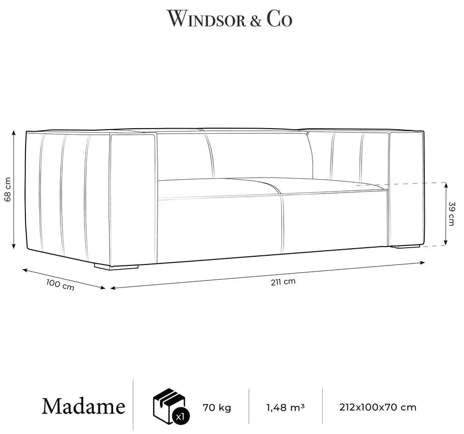 Koňakově hnědá kožená pohovka 212 cm Madame – Windsor &amp; Co Sofas