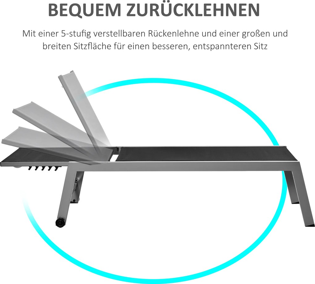 Lehátko Outsunny Relax Lounger 5-stupňové nastavitelné opěradlo hliníkové černé 169x65x102cm na zahradu a terasu | Aosom.de