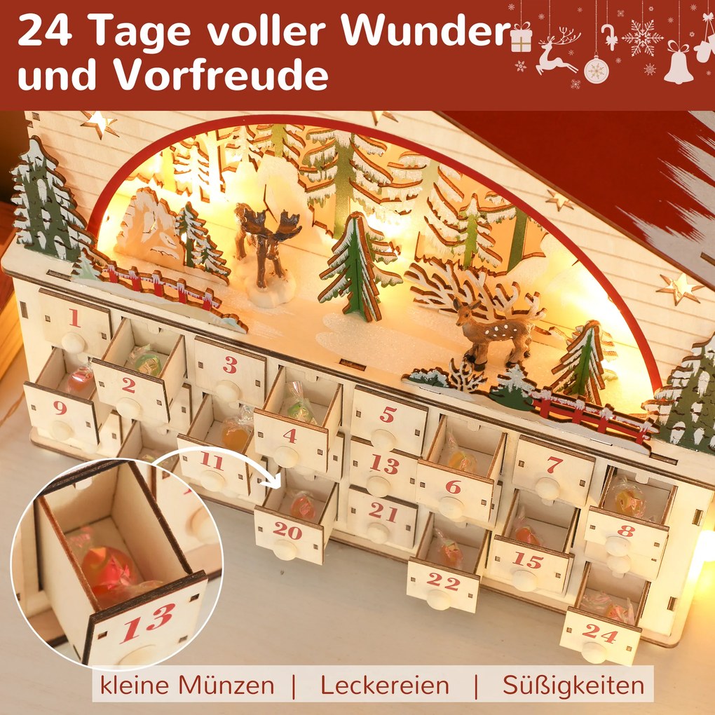 HOMCOM Adventní kalendář k naplnění 24 zásuvky přihrádky, vánoční kalendář s LED světly, přírodní dřevo, 36 x 10 x 34 cm