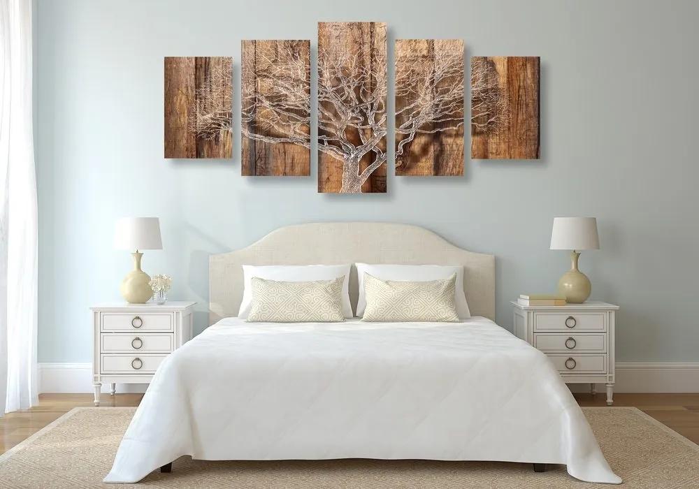 5-dílný obraz strom s imitací dřevěného podkladu - 200x100 cm