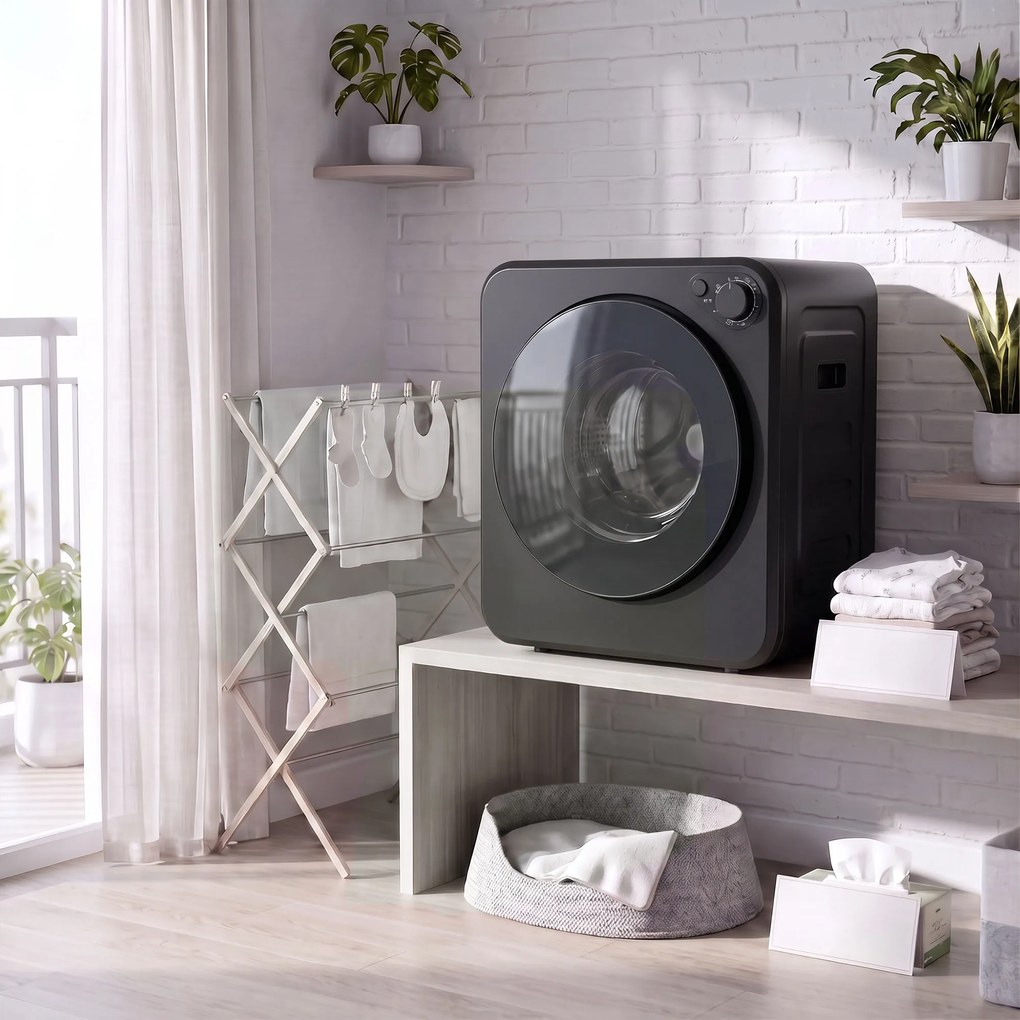HOMCOM Mini sušička prádla 4 kg s 5 programy až do 60℃ 800W/400W odvětrávací sušička s nerezovým bubnem černá