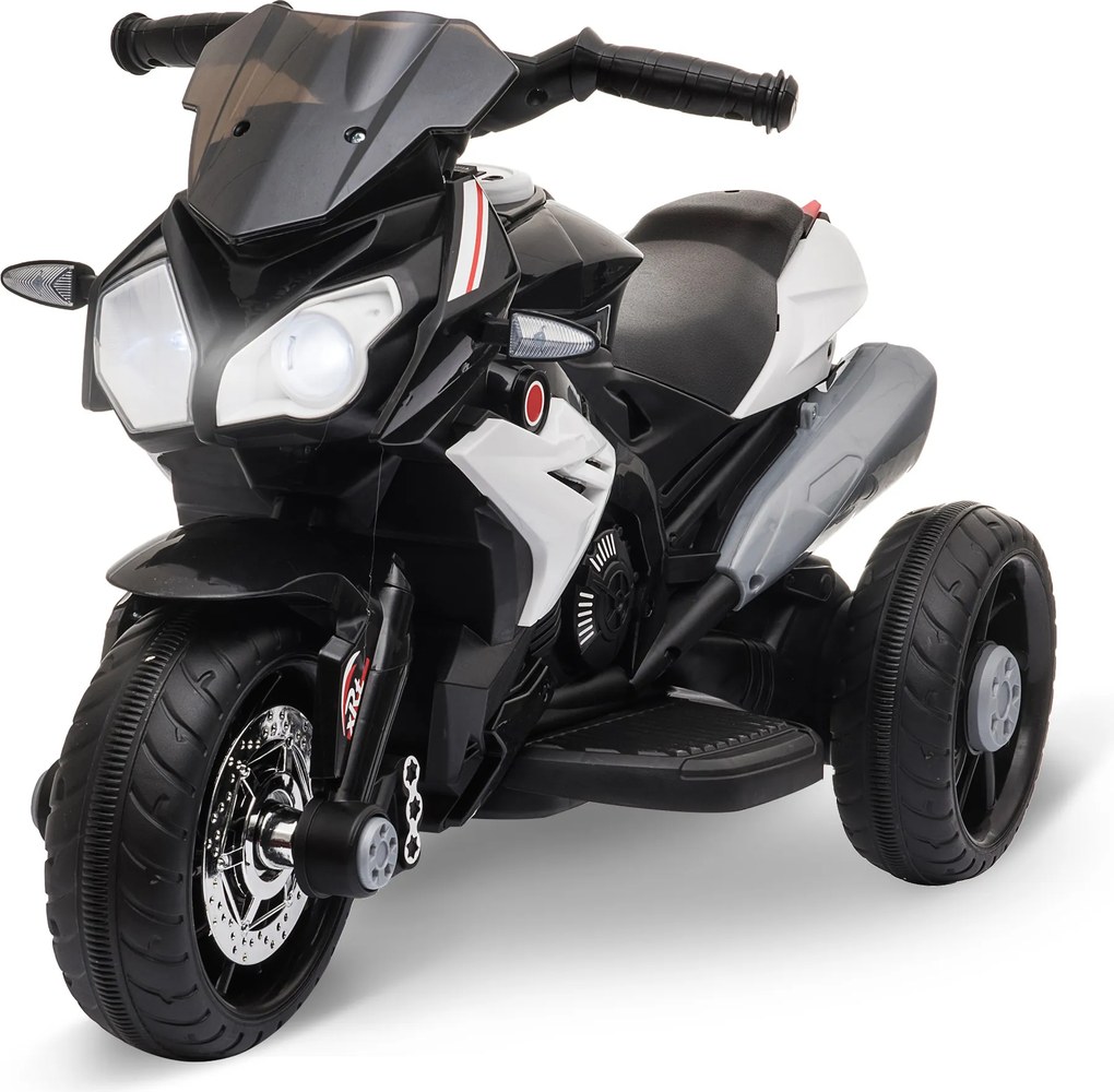 HOMCOM Dětská elektrická tříkolka Trimoto pro děti od 3 let s dobíjecí 6V baterií, hudebním klaksonem a světlomety 86x42x52 cm Černobílá