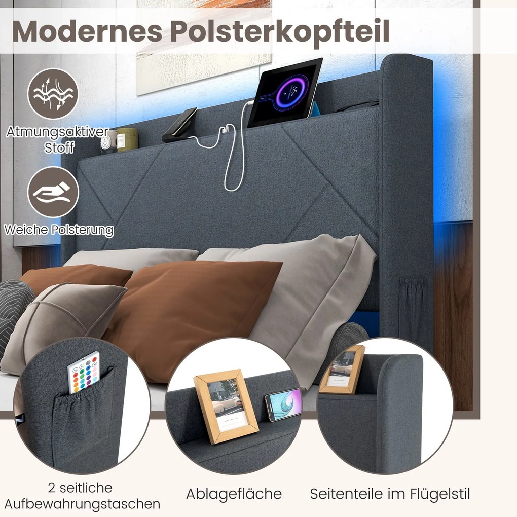 Costway Rám manželské postele s LED světly Polstrovaná plošinová s nabíjecí