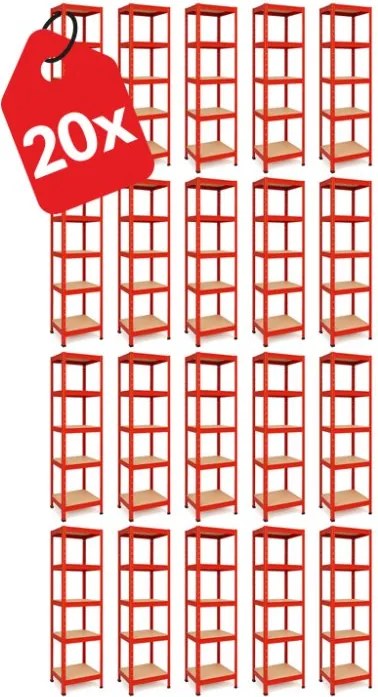 Akce 20x Regál 180x40x40 cm lakovaný 5-policový, nosnost 875 kg - červený