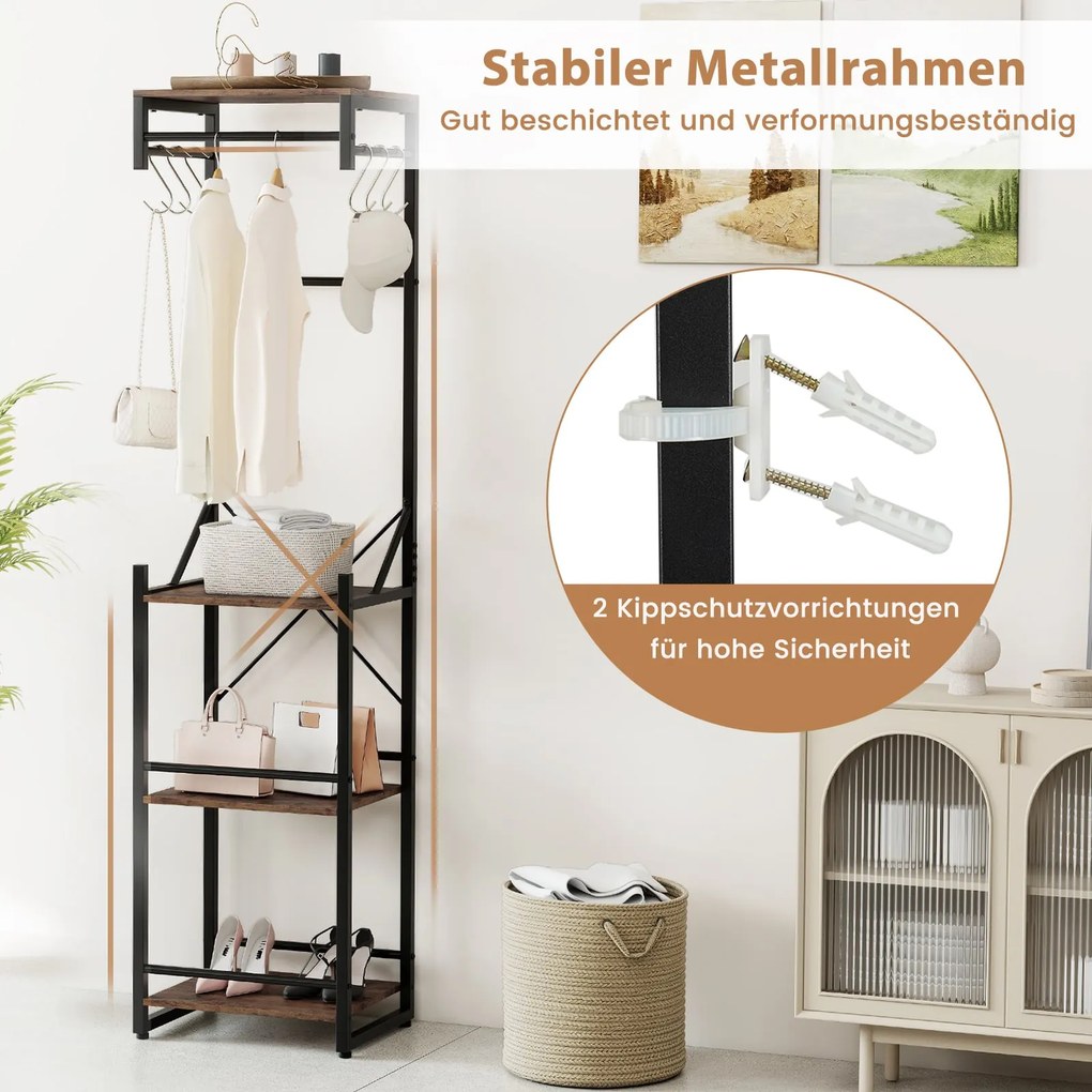 Costway Volně stojící věšák na kabáty slim Hallový strom s 4 policemi 6 háky a 3