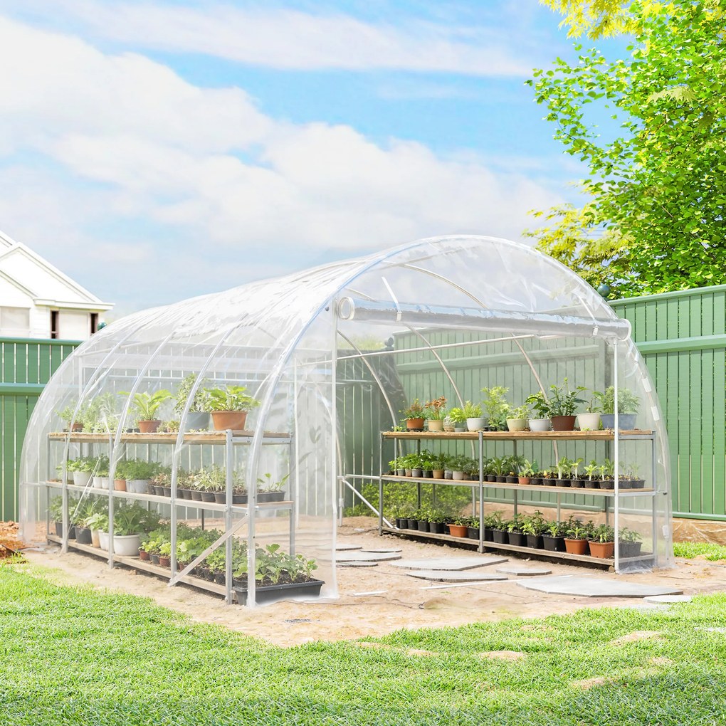 Outsunny Skleník Polytunnel, průchozí skleník s pozinkovaným ocelovým rámem a krytem z PE odolným proti UV záření, průhledný 84H-443V01CR