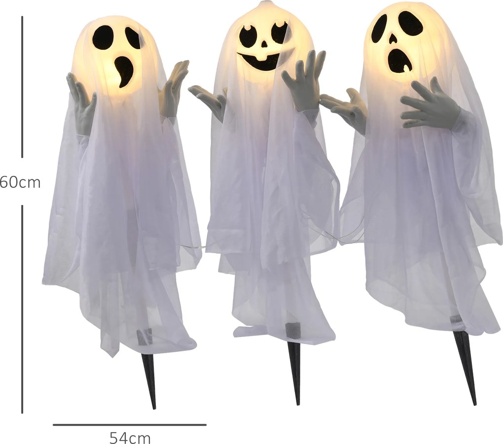 HOMCOM Halloween dekorace, 3 svítící duchové, pohybový senzor, 54 x 10 x 60 cm, bílá