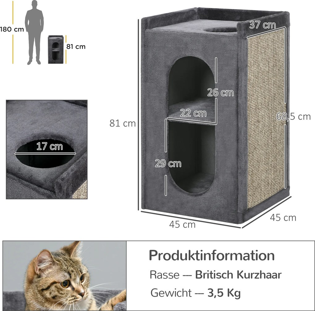 Škrabací sud PawHut se 2 jeskyněmi pro kočky a 2 úrovněmi, lehací plocha se sisalovou škrabací podložkou, plyšový design 45x45x81 cm tmavě šedý pro m…