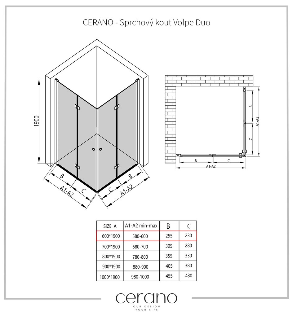 CERANO - Sprchový kout Volpe Duo L/P - černá matná, transparentní sklo - 60x60 cm - skládací