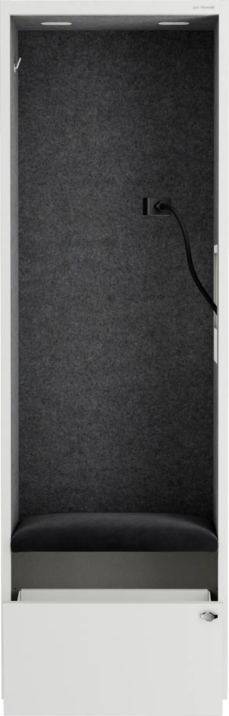Kancelářská akustická kabina se sedátkem a USB-C portem, korpus bílý / sedák tmavě šedá, 600 mm: SALLY MentalBox