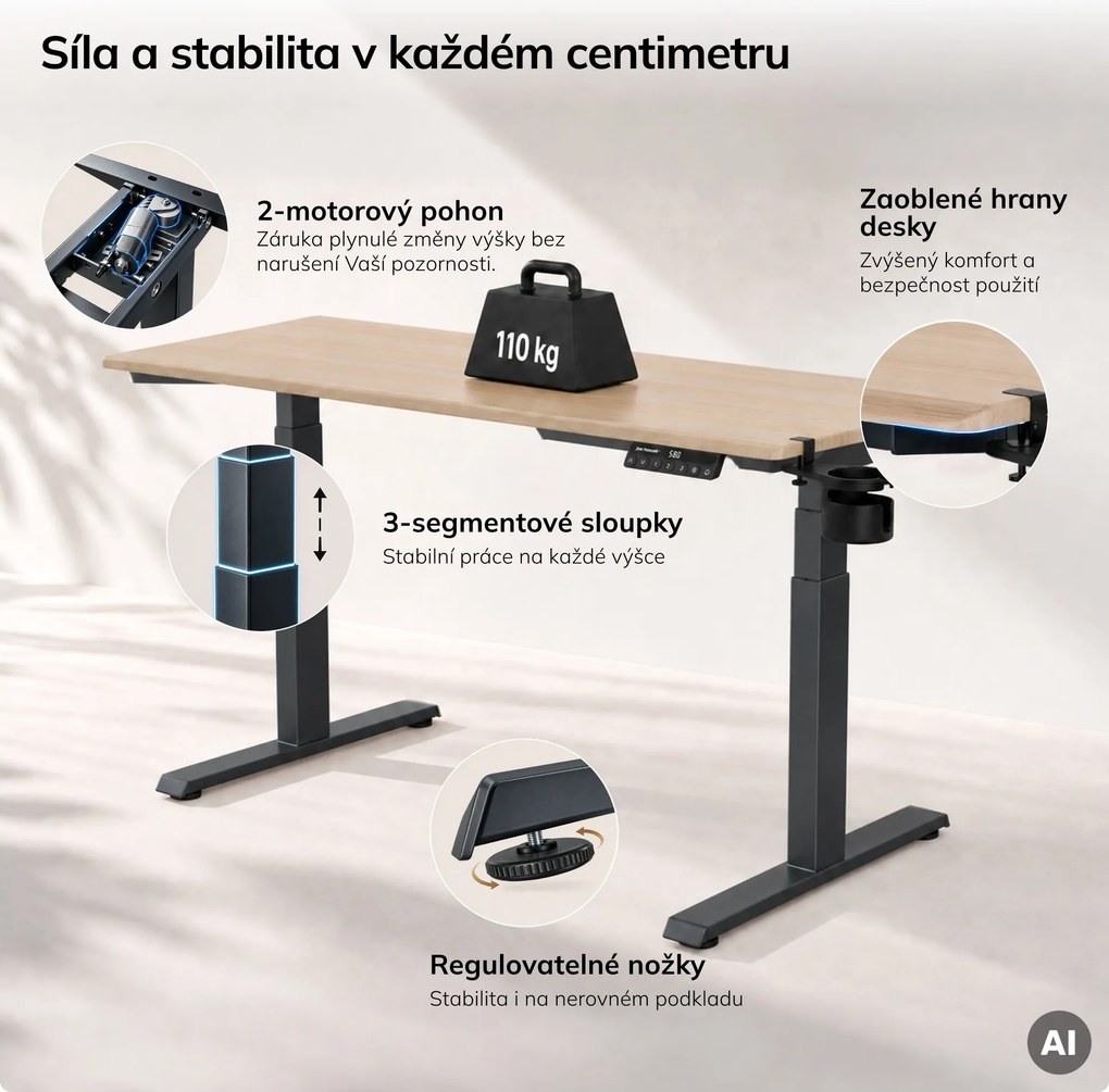 Elektrický stůl s regulací výšky ergonomický antracitový/dub sonoma,1400x700 mm: ARIA