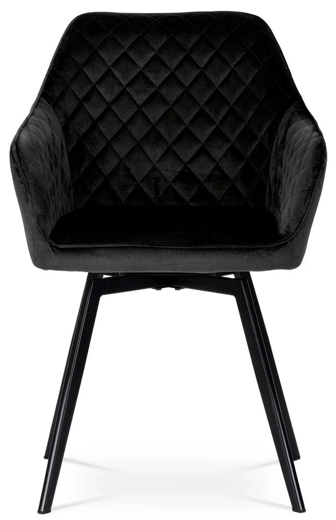 Jídelní židle, potah černá sametová látka, kovové nohy, černý matný lak